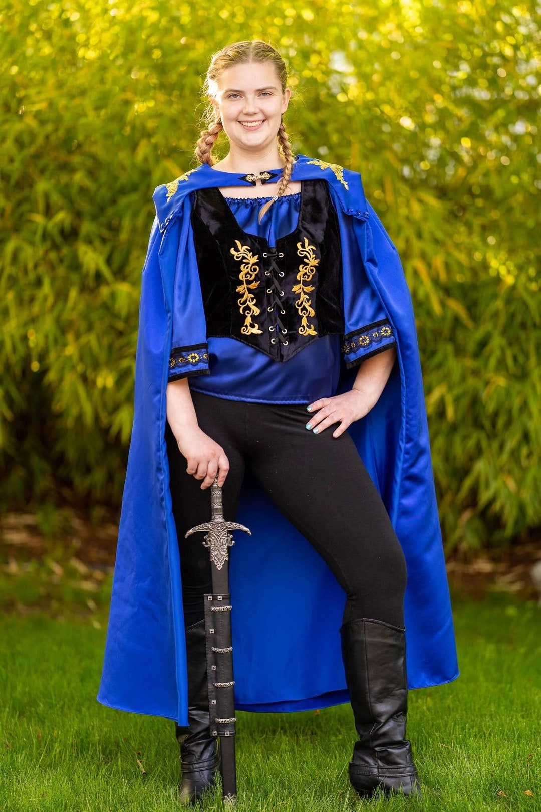 Blue Satin Medieval Costume: Cloak, Peasant Blouse & Velvet Bodice (M-L ...