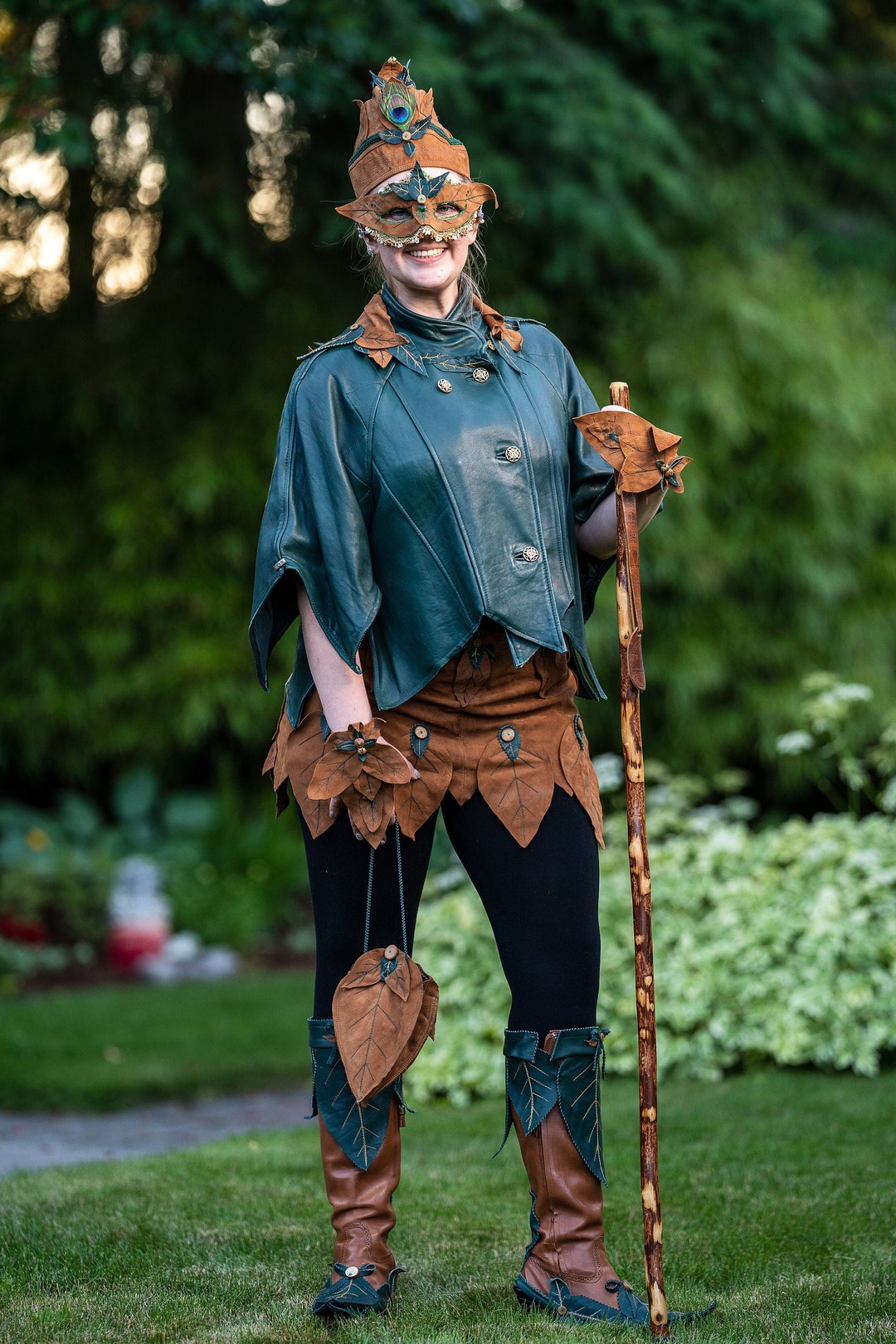 Leaf Costume: Leather Faerie Outfit With Coat, Skirt, Boots, Mask, and ...