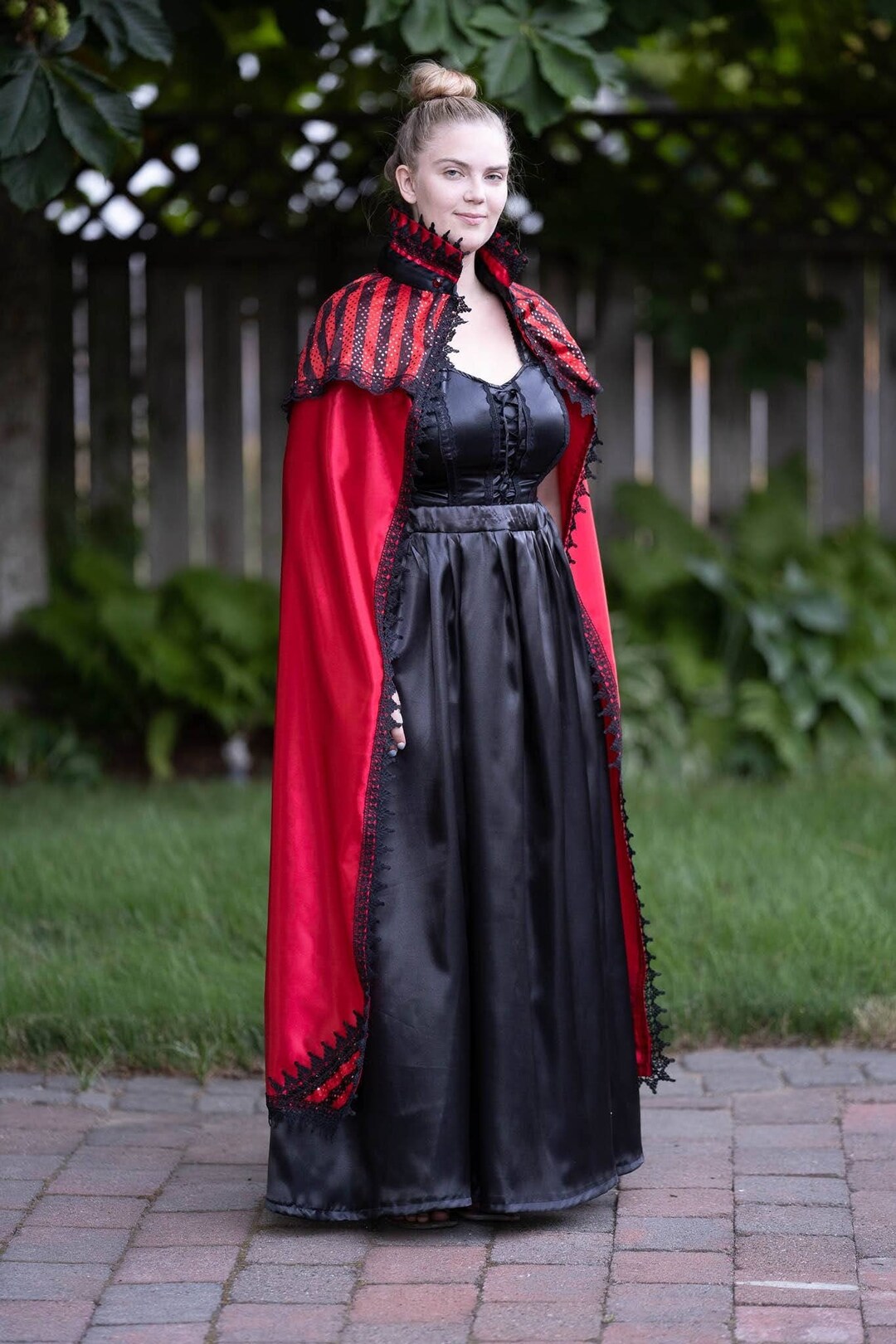 Red Satin Cloak With Black Victorian Lace Trim. Full Length. Sequin and ...