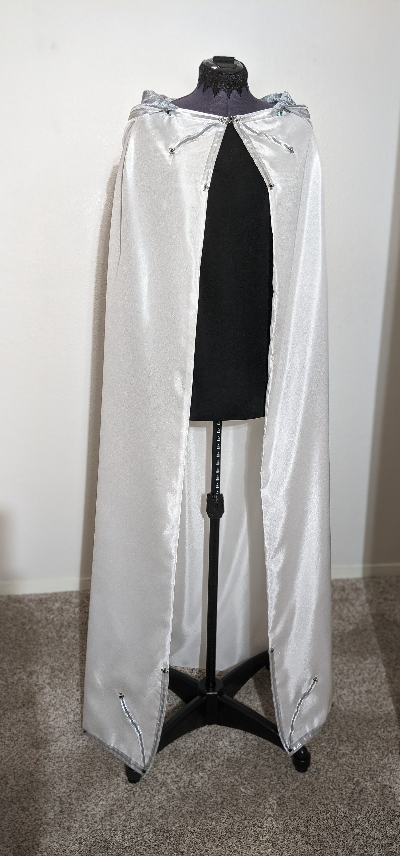 Hooded Cloak, Full Length. Gloss White Sateen. Silver Trim, Rhinestones ...