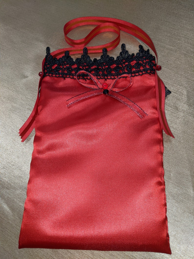 Red Satin Cloak With Black Victorian Lace Trim. Full Length. Sequin and ...