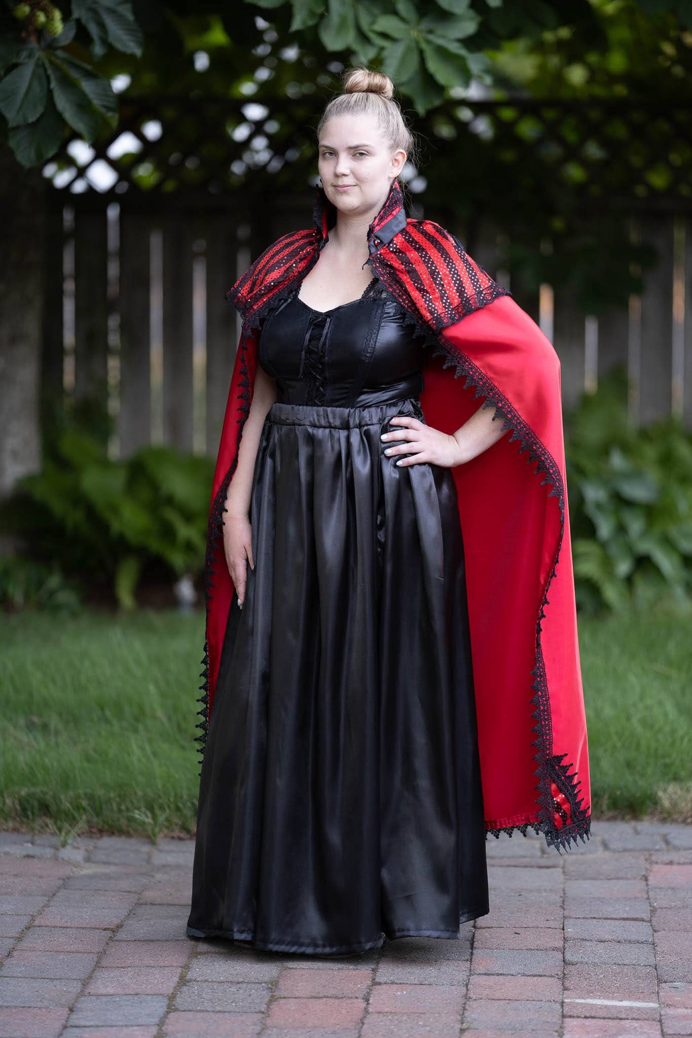 Red Satin Cloak With Black Victorian Lace Trim. Full Length. Sequin and ...