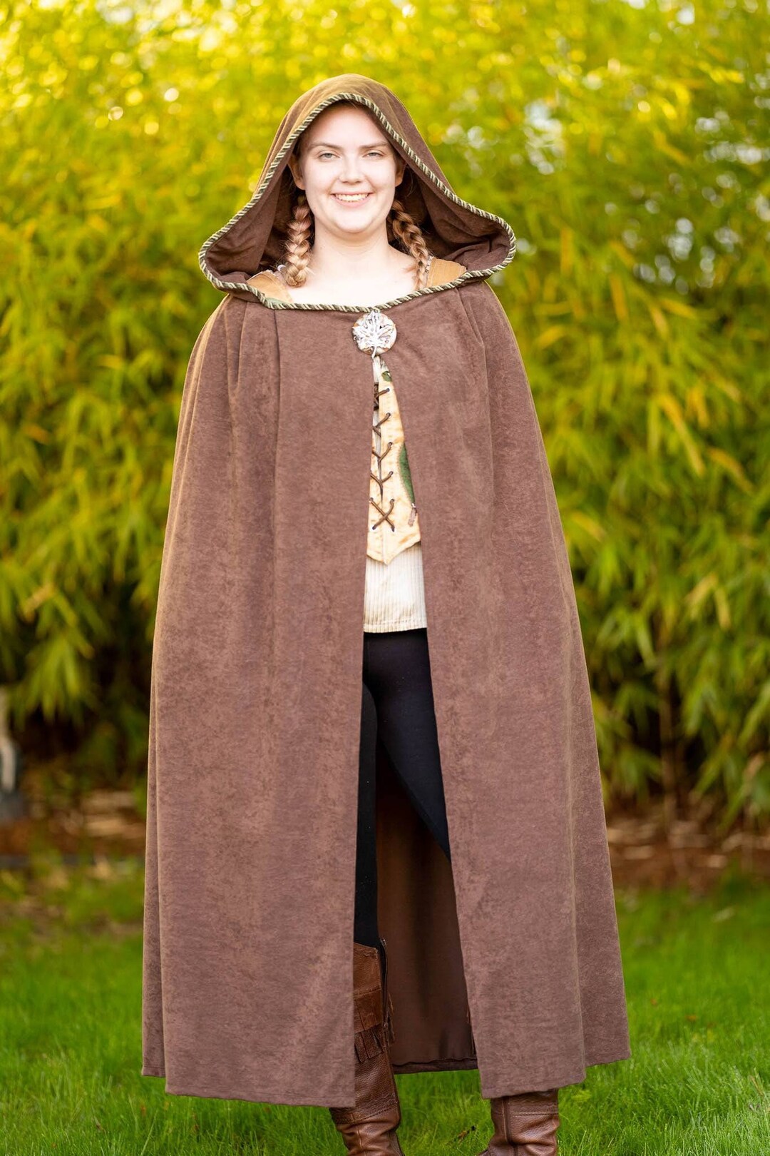 Buy Brown Hooded Cloak, Silk Blouse & Bodice Vest Set (M-XL) Medieval ...