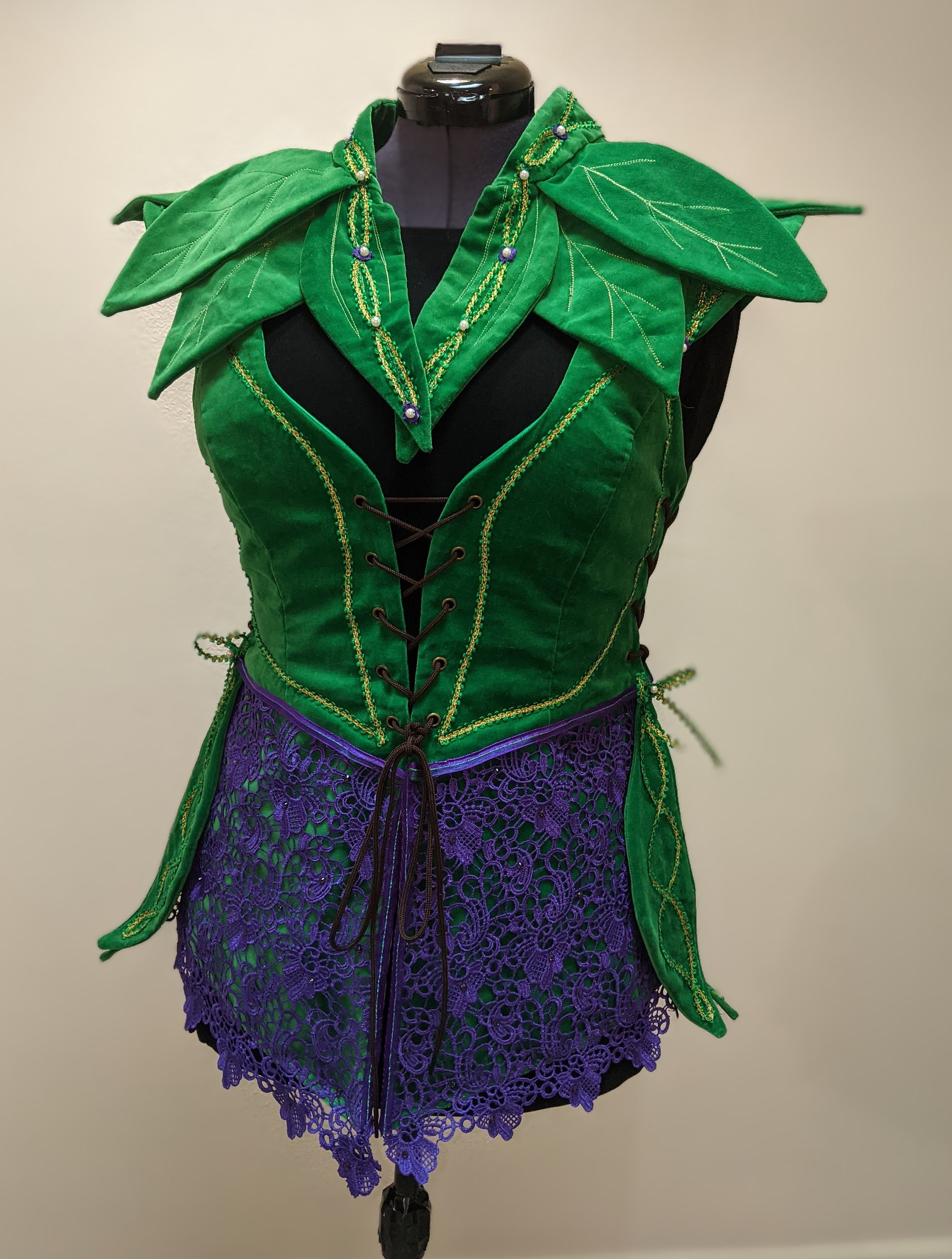 3 Pc. Elvin/fairy Leaf Costume. Lace up Bodice Vest With Attached Skirt ...