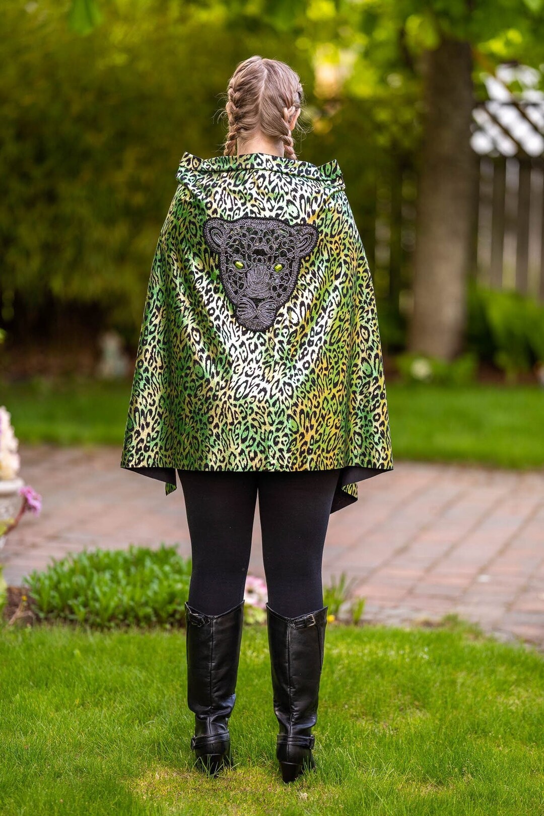 Metallic Ocelot Camouflage Cape: Silver Panther Applique, Ornate Clasp ...