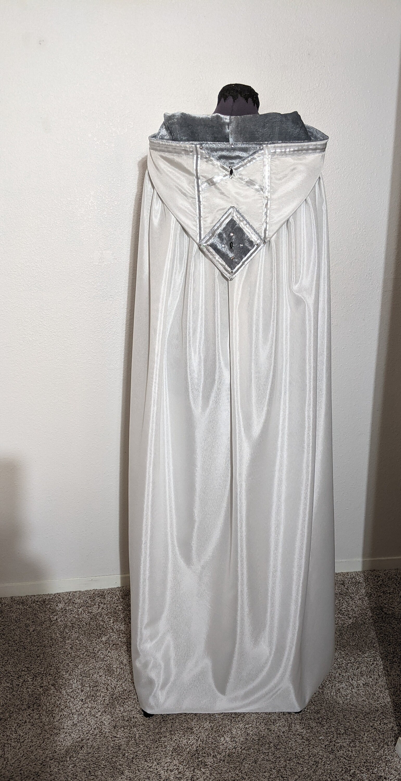 Hooded Cloak, Full Length. Gloss White Sateen. Silver Trim, Rhinestones ...