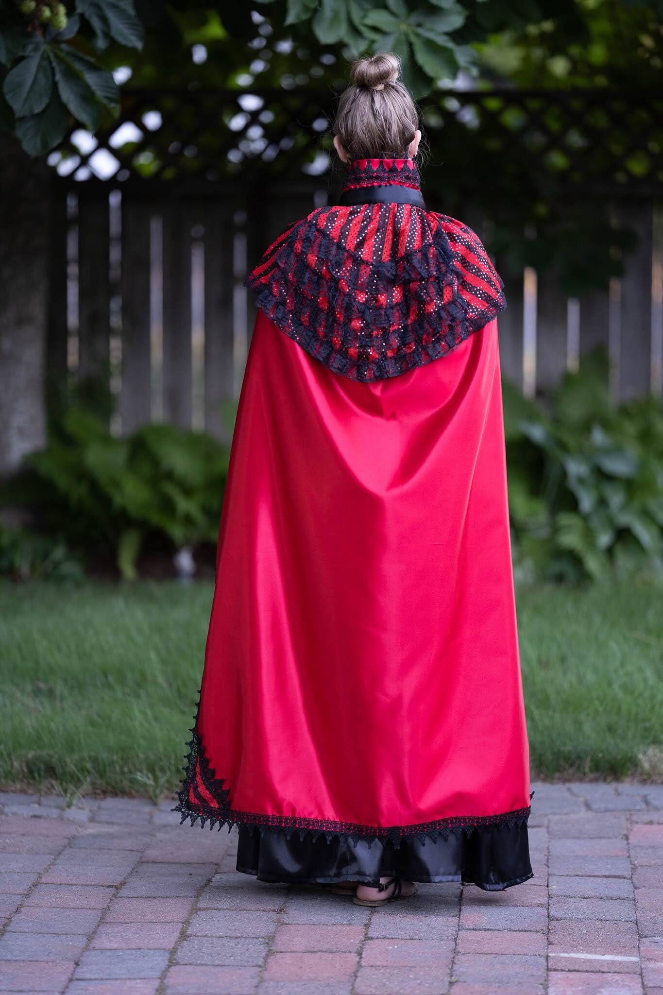 Red Satin Cloak With Black Victorian Lace Trim. Full Length. Sequin and ...