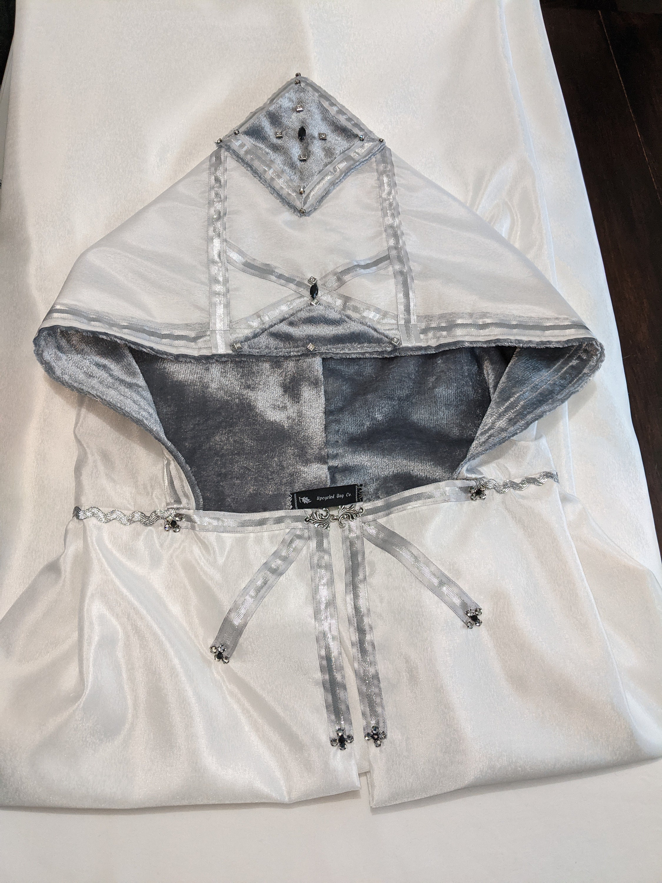 Hooded Cloak, Full Length. Gloss White Sateen. Silver Trim, Rhinestones ...