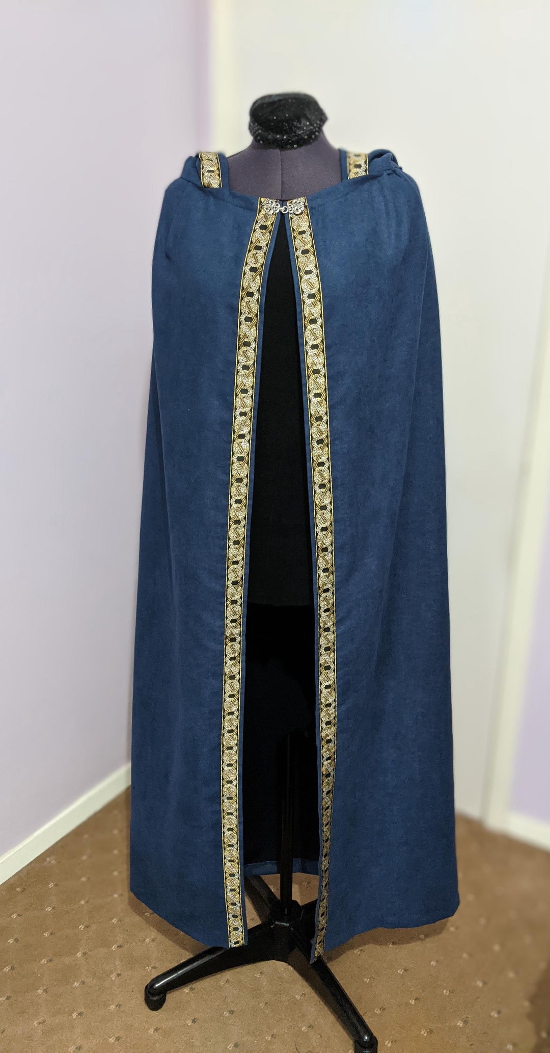 Medieval Blue Microsuede Hooded Cloak. Full Length. Gold, Silver, Brass ...