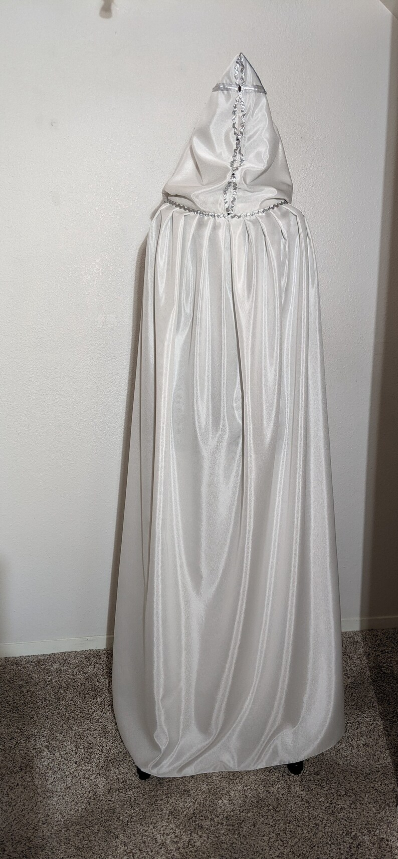 Hooded Cloak, Full Length. Gloss White Sateen. Silver Trim, Rhinestones ...