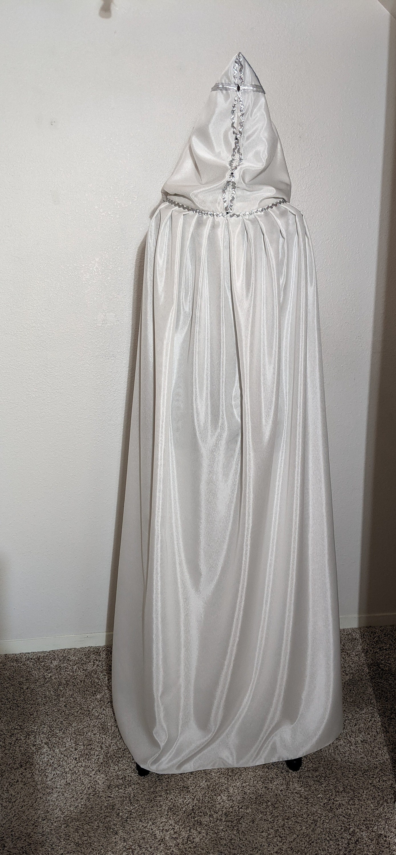 Hooded Cloak, Full Length. Gloss White Sateen. Silver Trim, Rhinestones ...