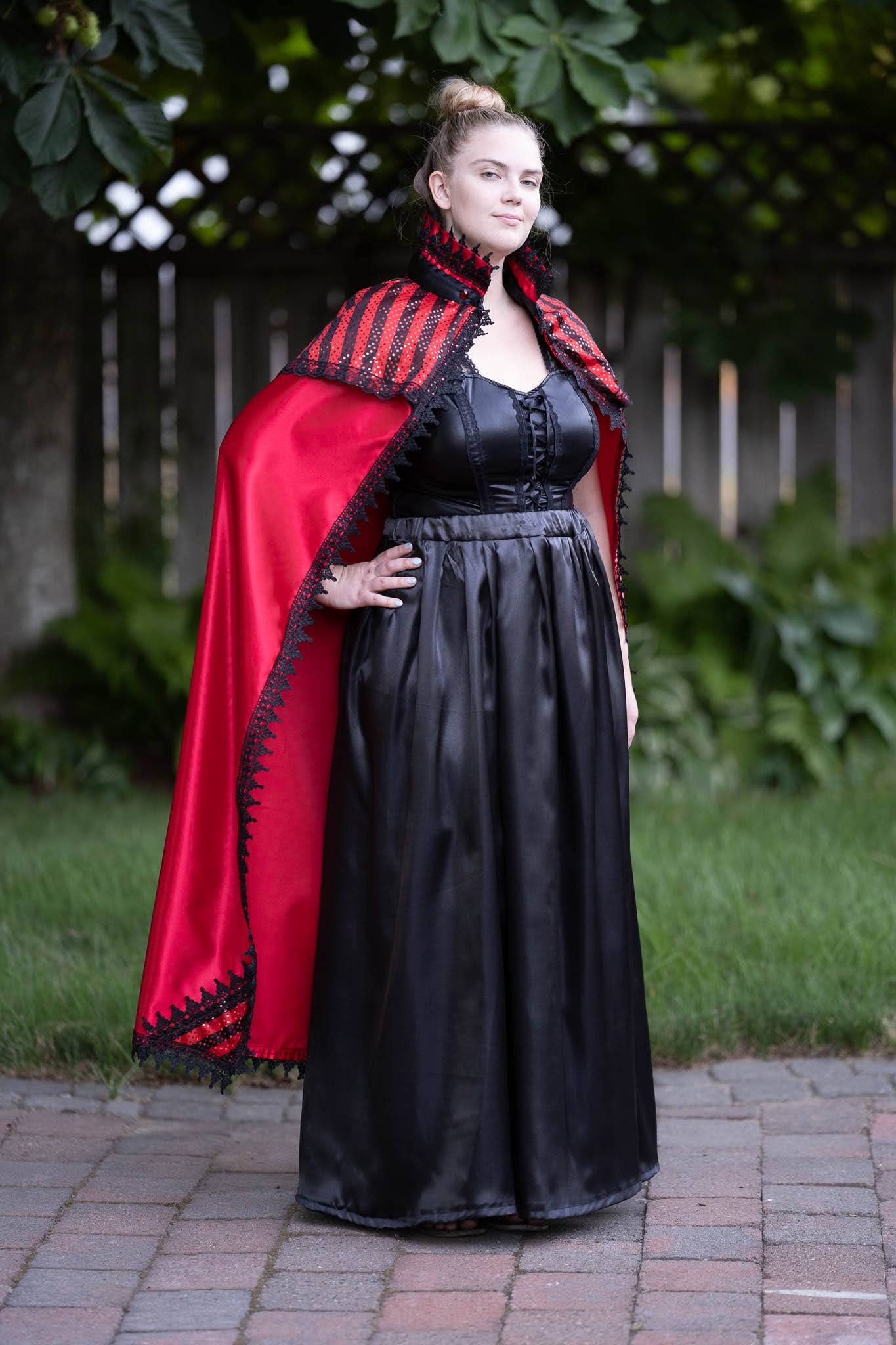 Red Satin Cloak With Black Victorian Lace Trim. Full Length. Sequin and ...