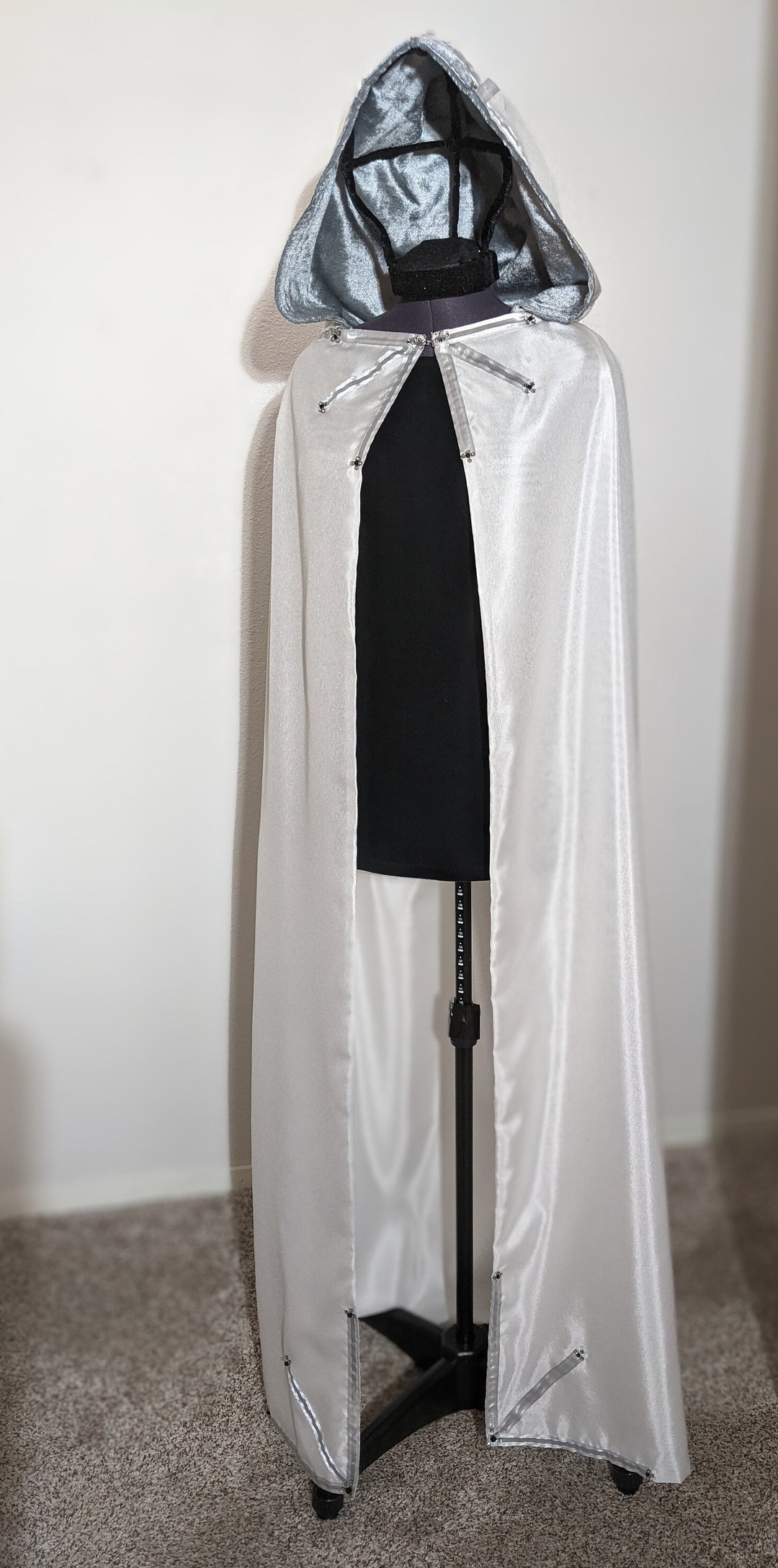 Hooded Cloak, Full Length. Gloss White Sateen. Silver Trim, Rhinestones ...