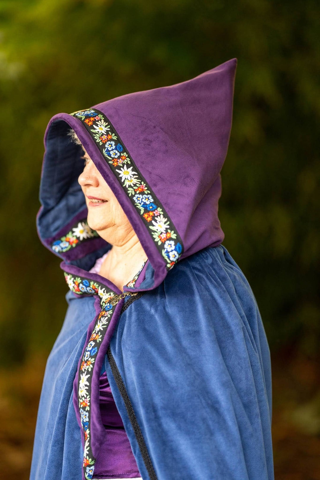 Hooded Blue & Purple Velour Cape: Floral Embroidered Trim - Etsy