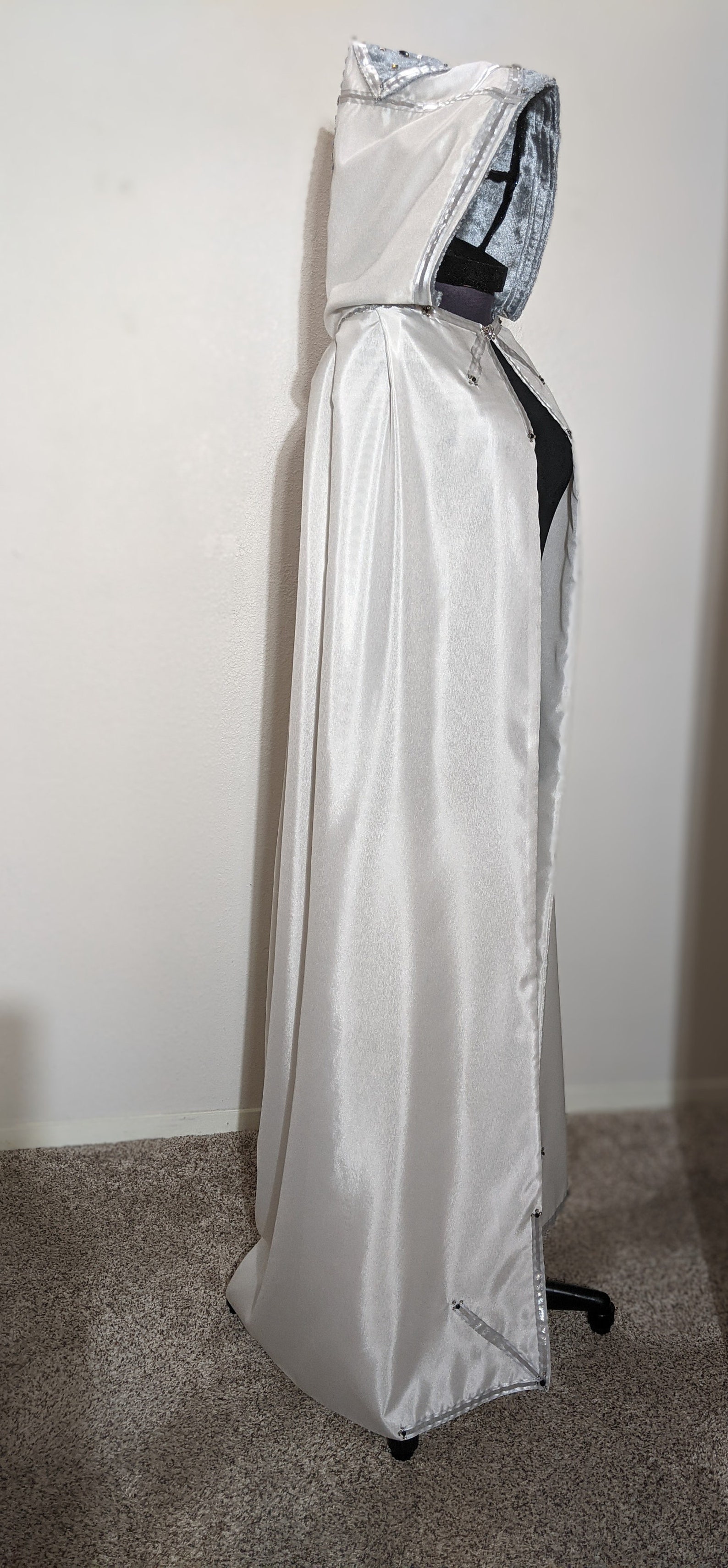 Hooded Cloak, Full Length. Gloss White Sateen. Silver Trim, Rhinestones ...