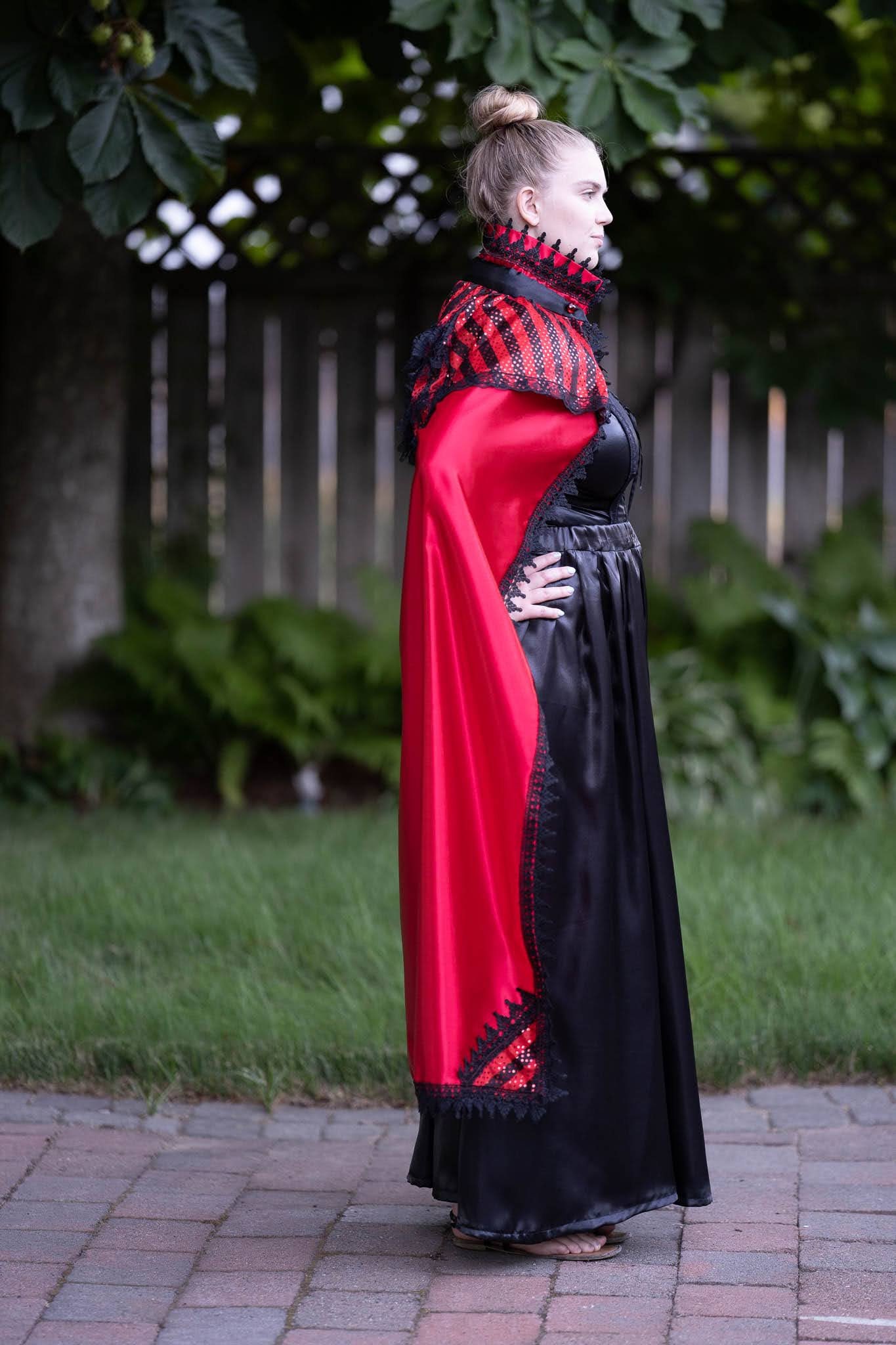 Red Satin Cloak With Black Victorian Lace Trim. Full Length. Sequin and ...