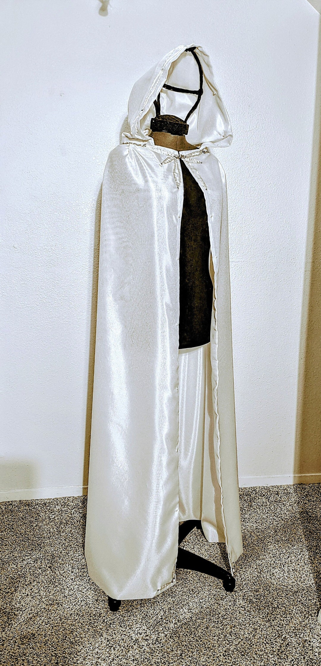 White Full Length Hooded Cloak With Delicate Silver Ribbon Trim ...