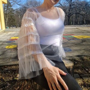 Tulle Top. White Sheer Transparent Mesh Blouse Bodysuit. Luxury ...