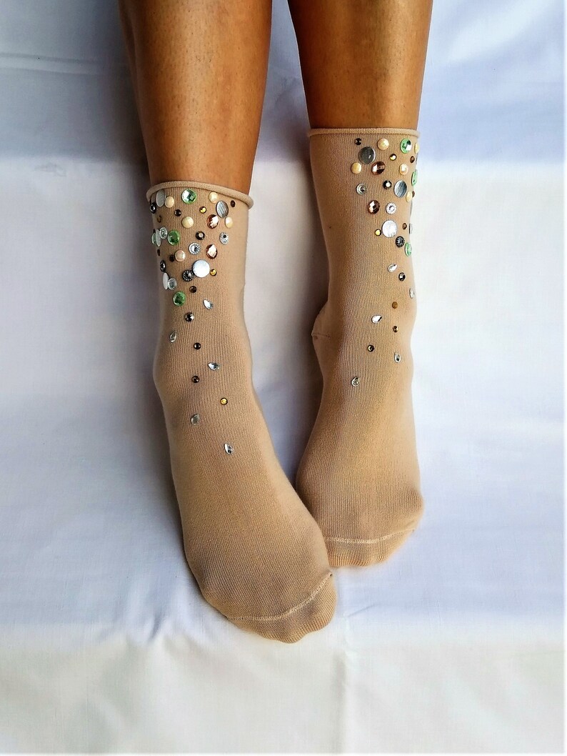 Cotton Socks. Cute Beige Novelty Rhinestone Cool Happy Socks. - Etsy