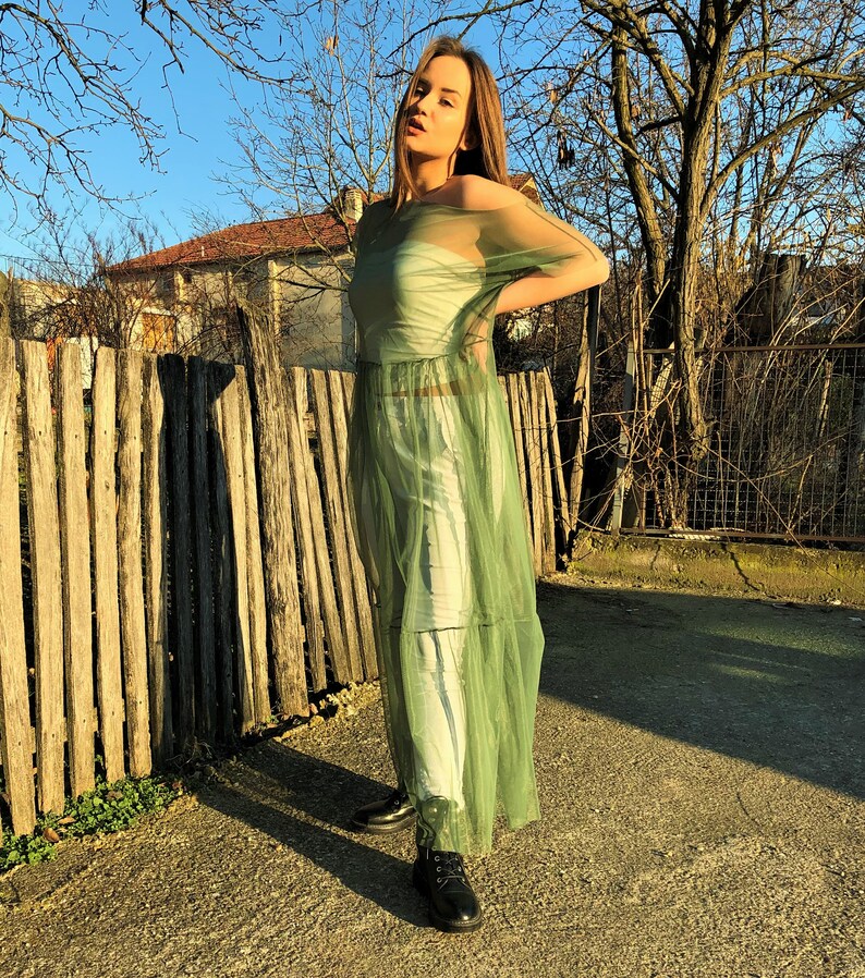 Green Tulle Dress. Sheer Transparent Mesh Maxi Evening Bridal | Etsy