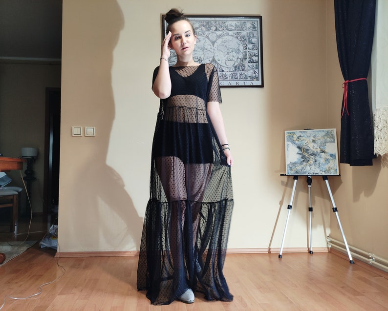 Black Tulle Dress. Sheer Transparent Mesh Maxi Evening Polka - Etsy