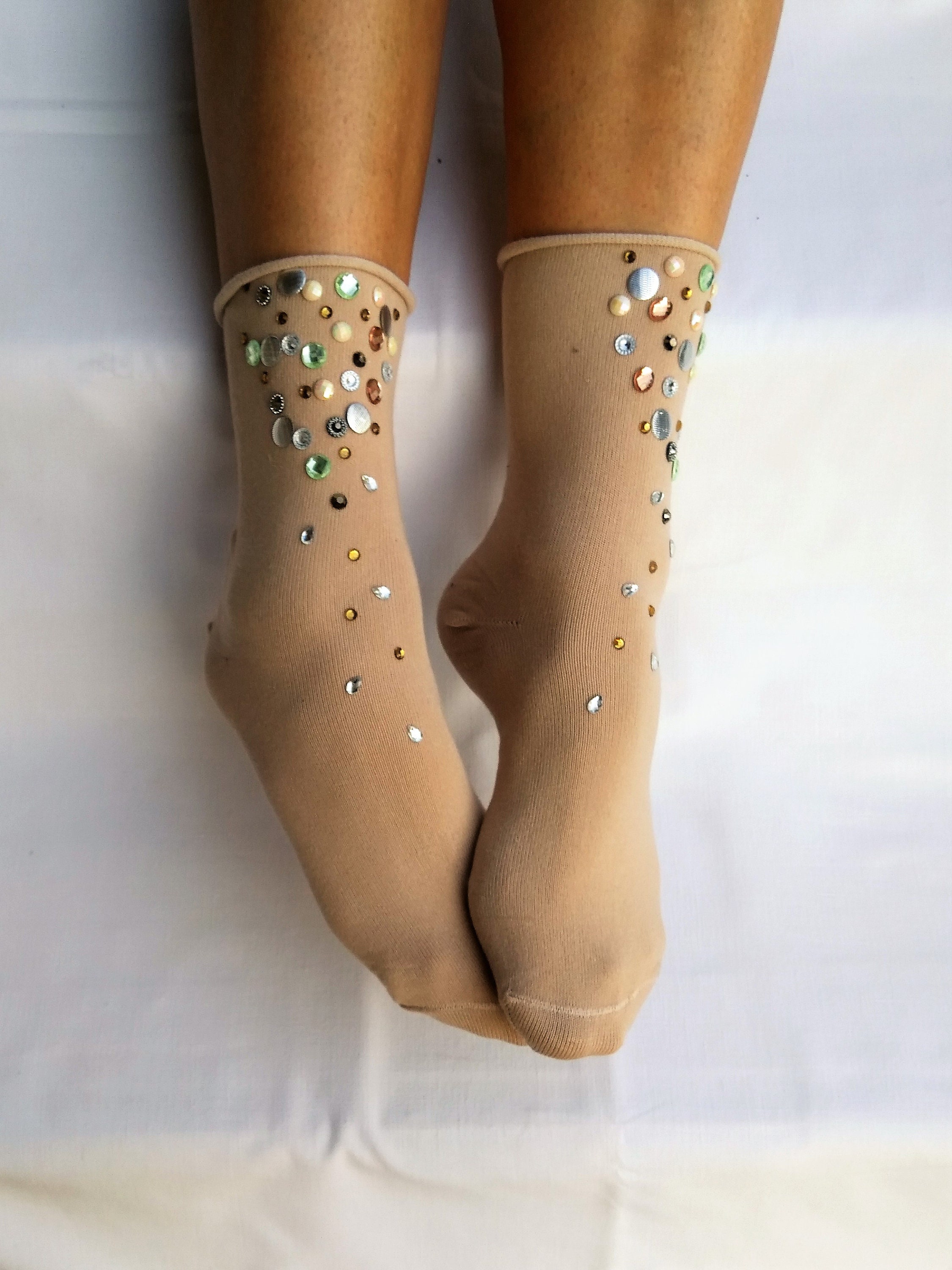 Cotton Socks. Cute Beige Novelty Rhinestone Cool Happy Socks. | Etsy