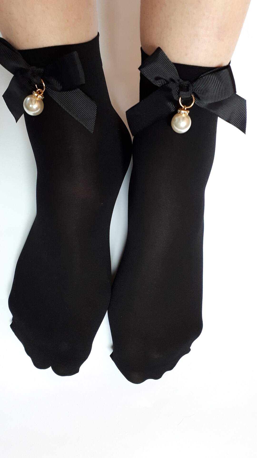 Cute Socks. Novelty Black Spandex Cool Sock With Ribbon and Pearl. Gift ...