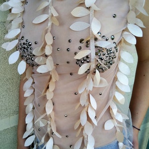 Tulle Top. Beige Sheer Mesh 3D Transparent Rhinestone Bridal Bodysuit ...
