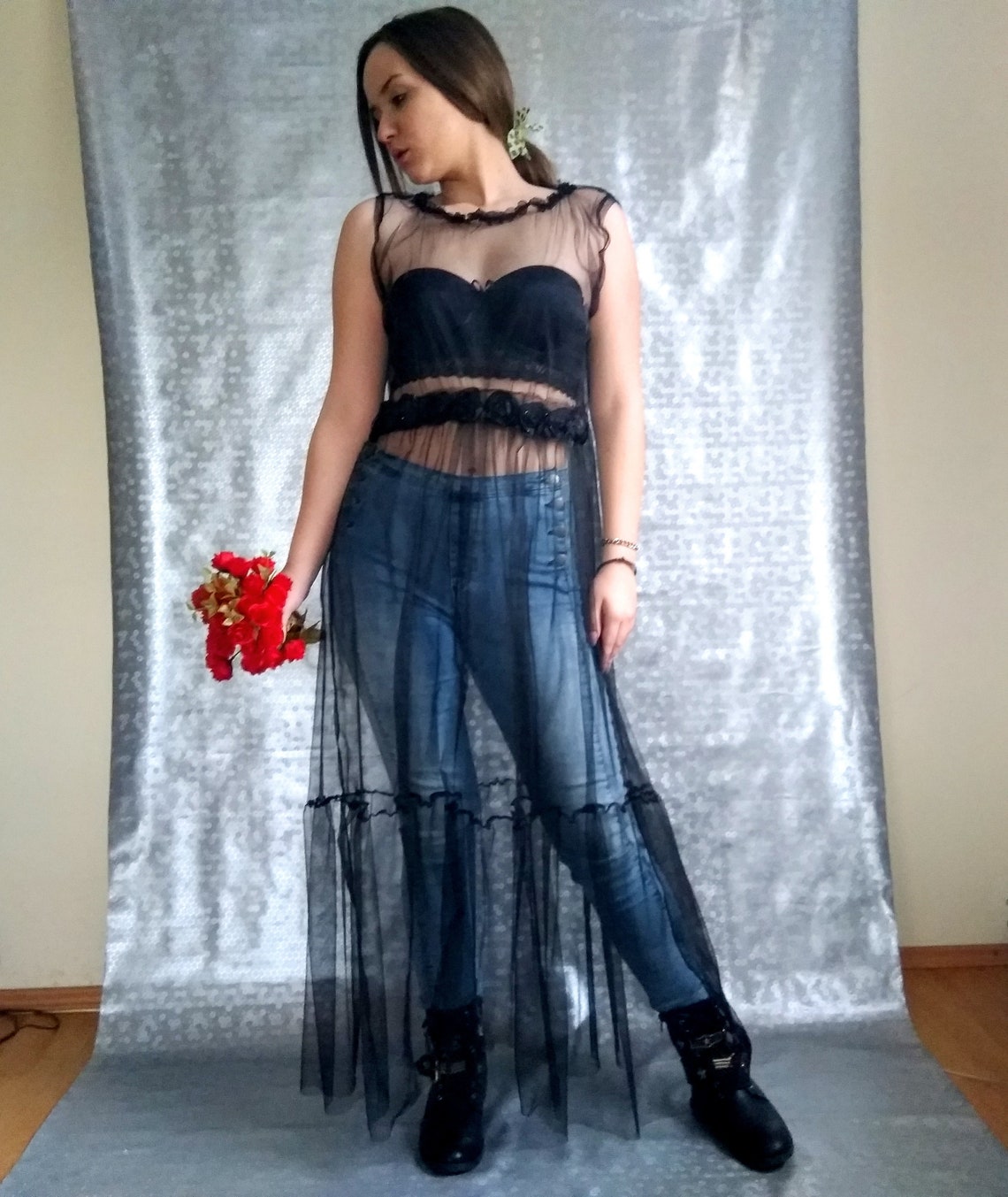 Black Tulle Dress. Sheer Transparent Mesh Maxi Evening Flower | Etsy