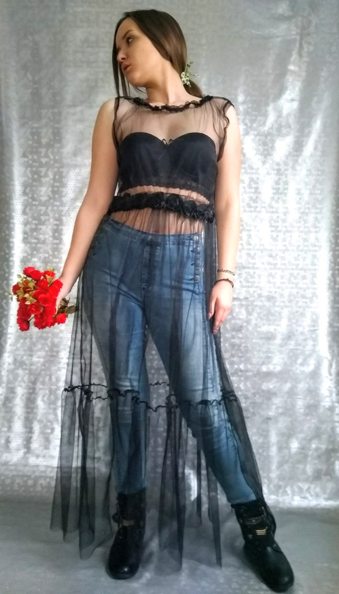 Black Tulle Dress. Sheer Transparent Mesh Maxi Evening Flower Dress ...
