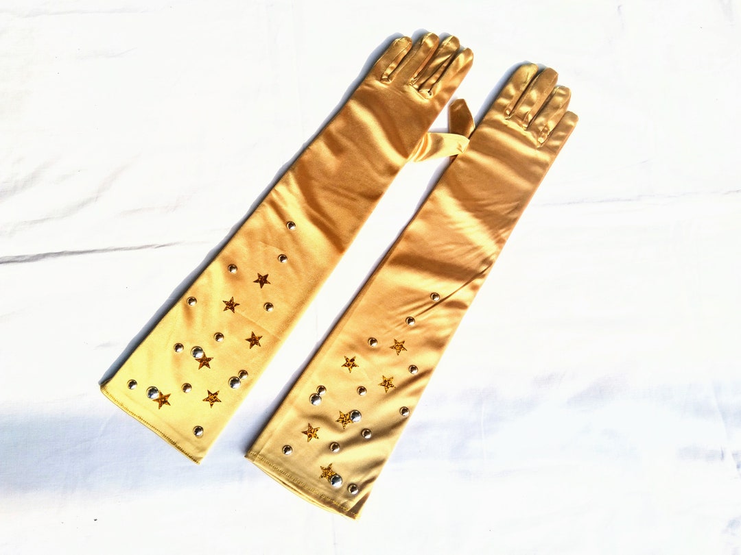 Gold Satin Gloves. Long Glitter Embellished Stretched Gloves. Gift for ...