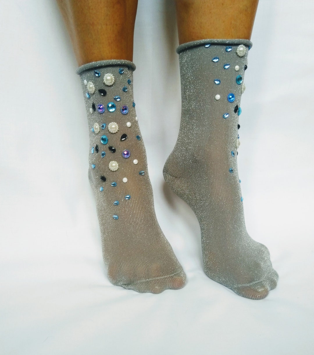 Glitter Lurex Socks: Rhinestone Embellished Silver Cotton Socks - Etsy