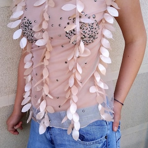 Tulle Top. Beige Sheer Mesh 3D Transparent Rhinestone Bridal Bodysuit ...