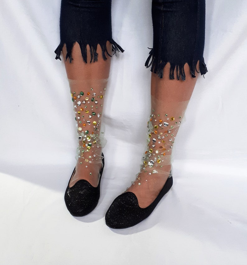 Embellished Tulle Socks. Sheer Novelty Sparkle Rhinestone Cool | Etsy