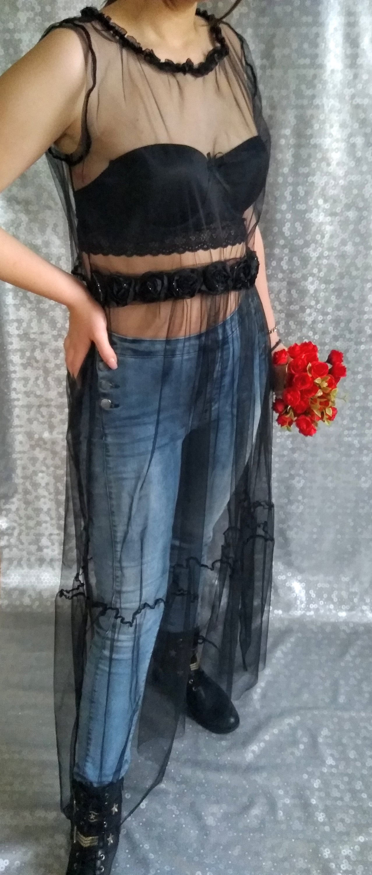 Black Tulle Dress. Sheer Transparent Mesh Maxi Evening Flower - Etsy UK