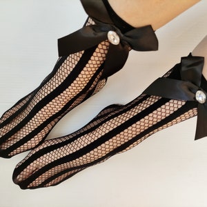 Fishnet Lace Socks. Casual Embellished Ribbon Cute Novelty Mesh Sheer ...