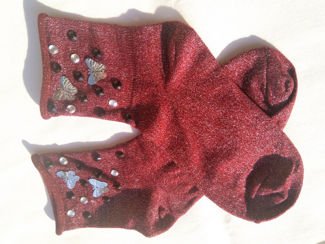Red Lurex Cotton Socks: Handmade Star Embellished Sparkle Socks - Etsy