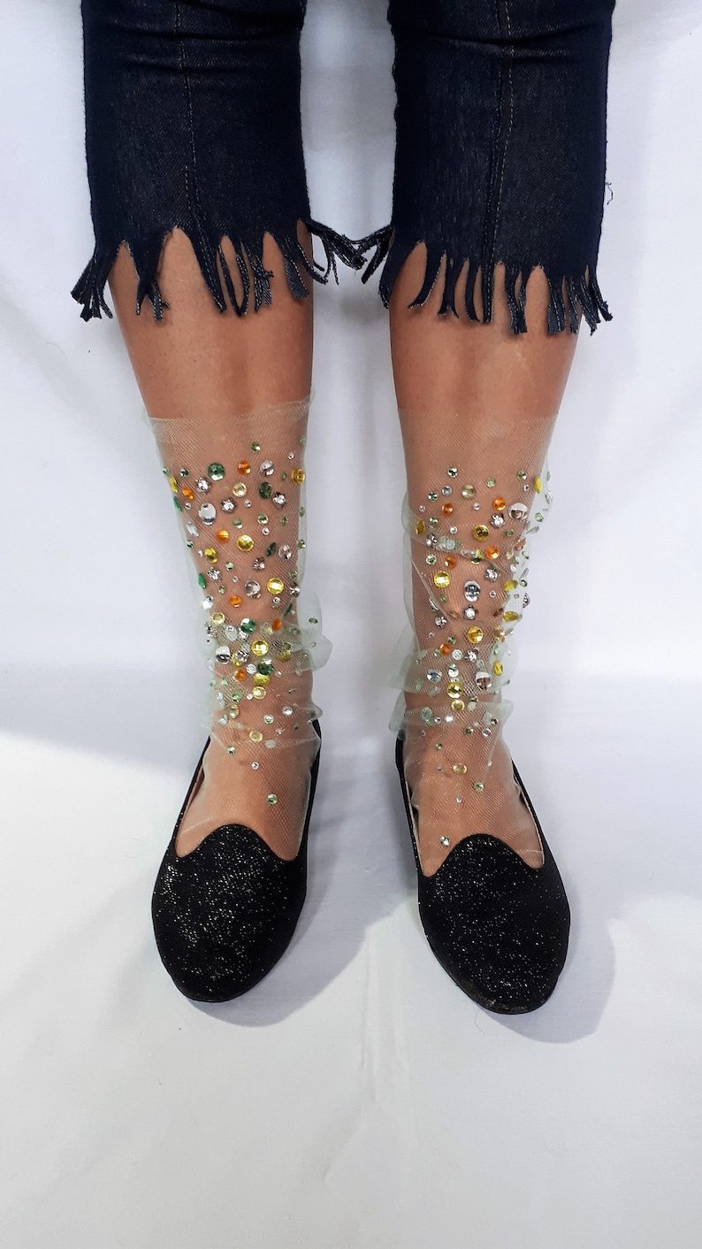 Embellished Tulle Socks. Sheer Novelty Sparkle Rhinestone Cool | Etsy