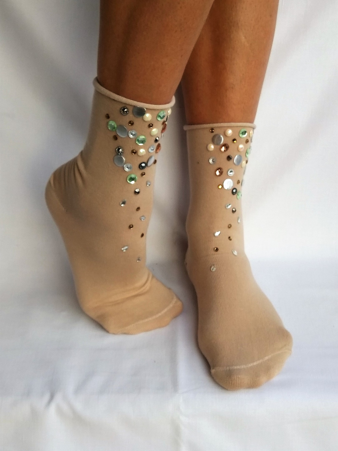 Beige Cotton Socks: Rhinestone Novelty Socks - Etsy