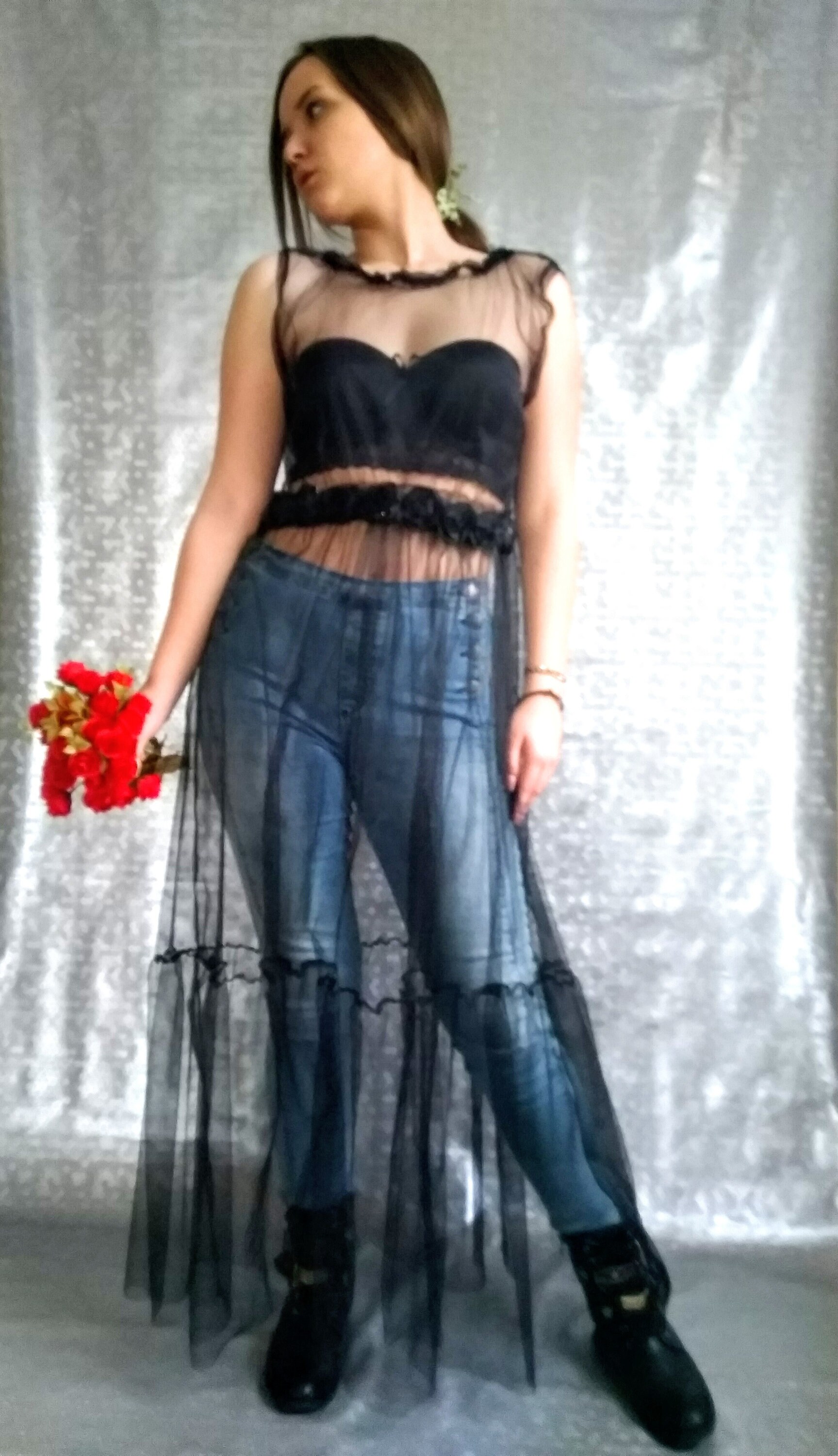 Black Tulle Dress. Sheer Transparent Mesh Maxi Evening Flower - Etsy UK