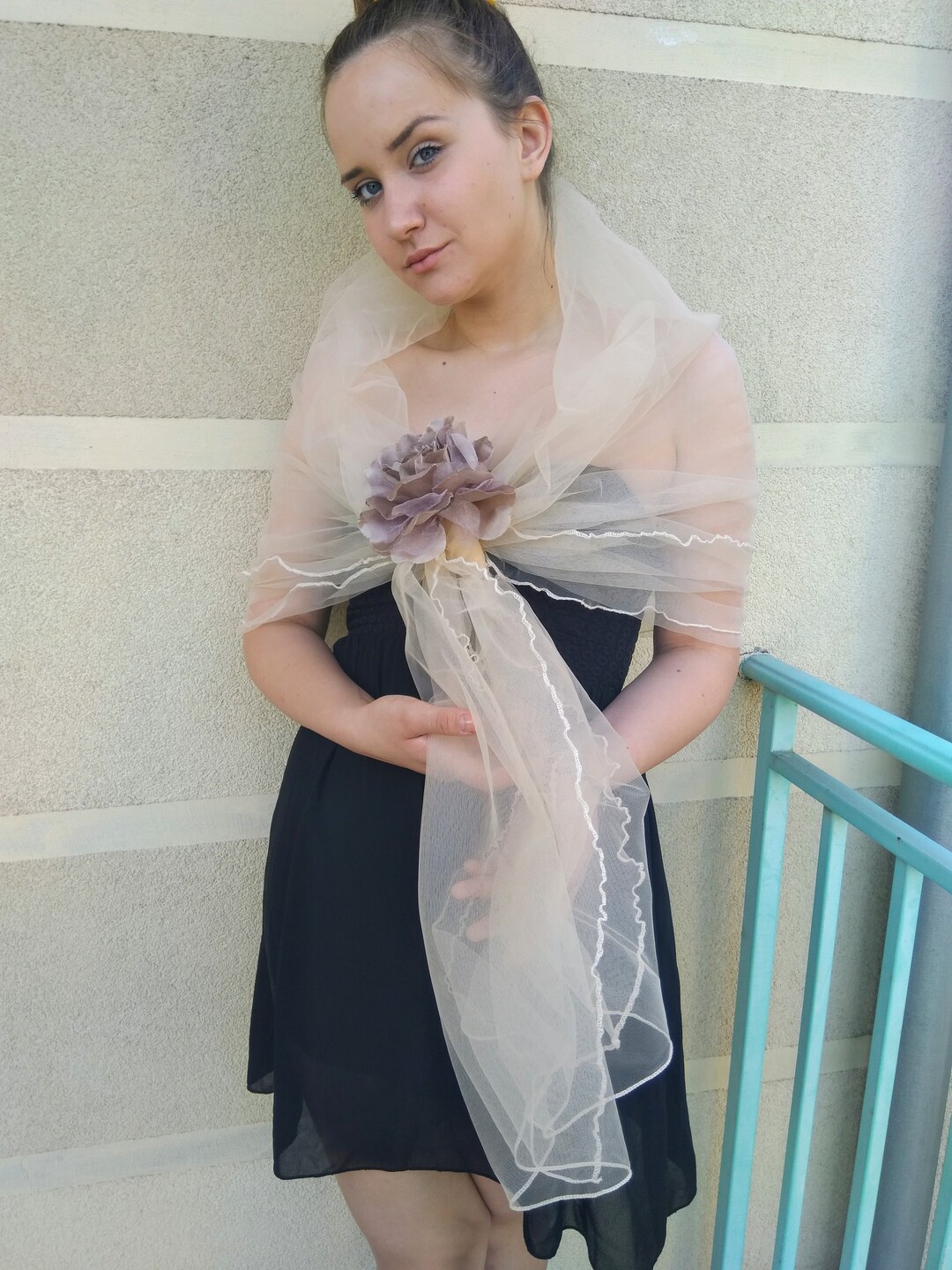 Tulle Evening Dress Cover Up. Beige Mesh Shoulder Flower Bridal Wrap ...