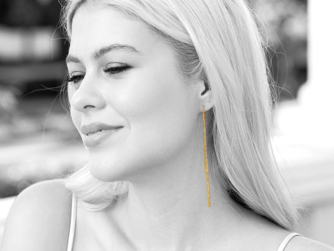 Extra Long Thread Earring Double Bar Geometric Earrings Diamond CZ ...