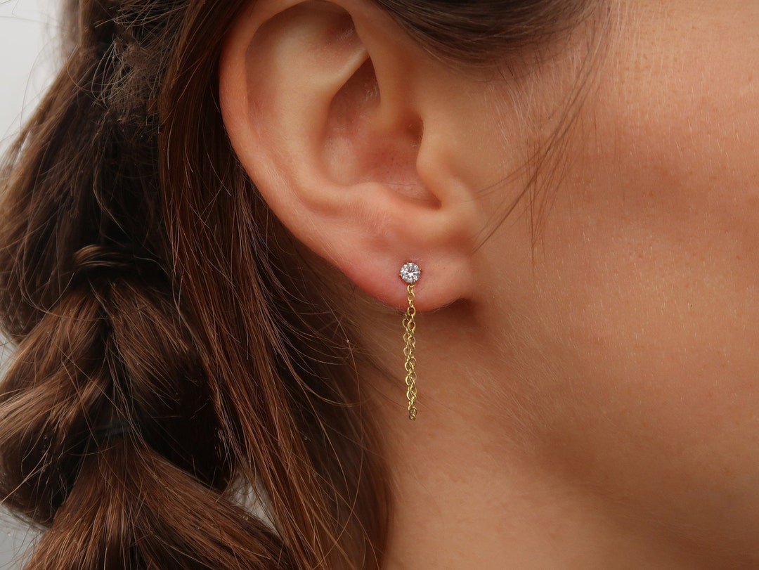 CZ Diamond Stud Chain Earring 4 Prong CZ Diamond Studs Everyday ...