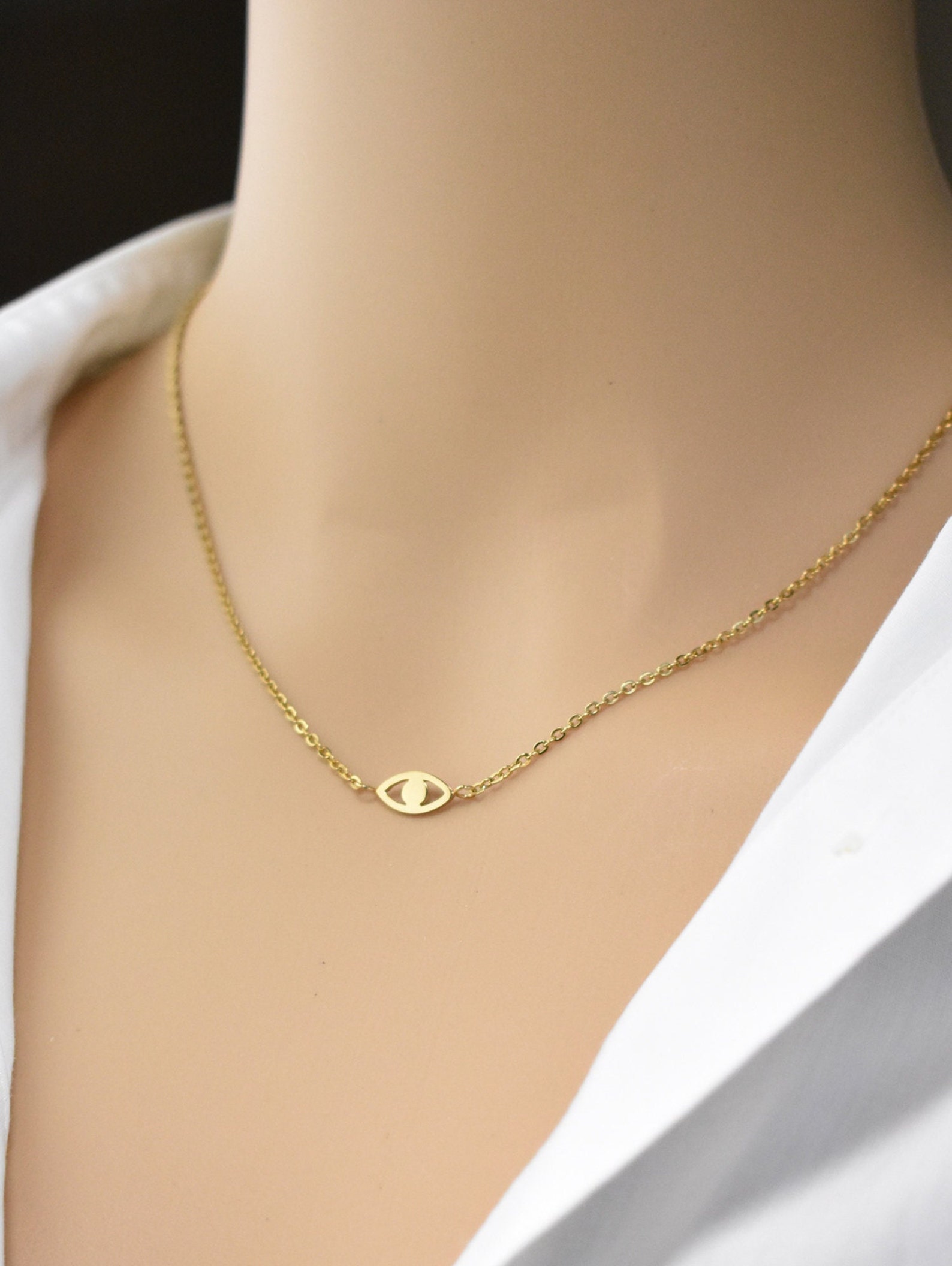 Tiny Evil Eye Necklace • Dainty Minimalist Protection Gift • Silver ...