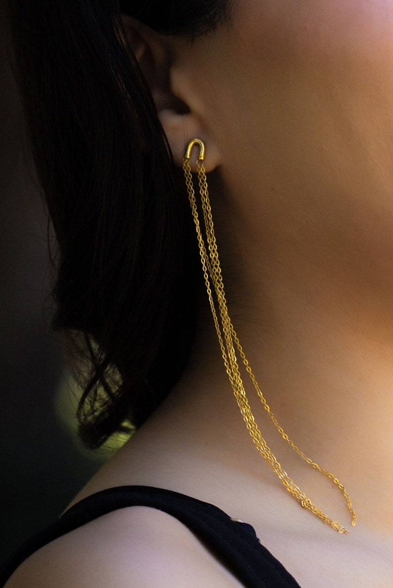 Extra Long Gold Filled Chain Earrings Arch Fringe Tassel • Dangle Drop ...