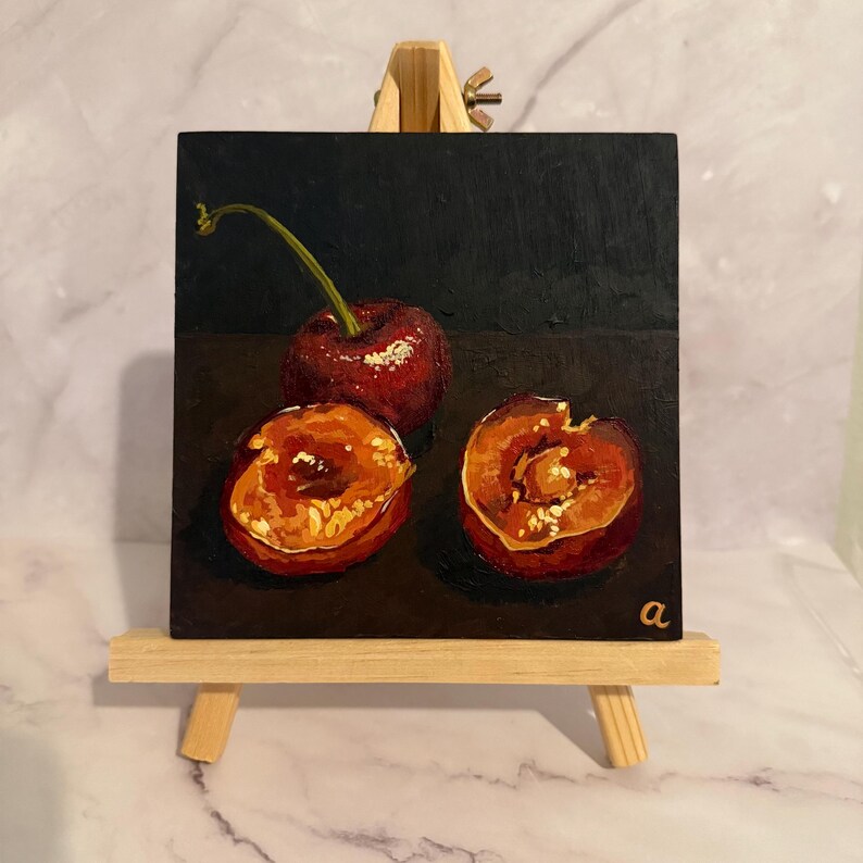 Red Cherries Still Life, Wood Panel Painting, Moody Academic Art, Cut ...