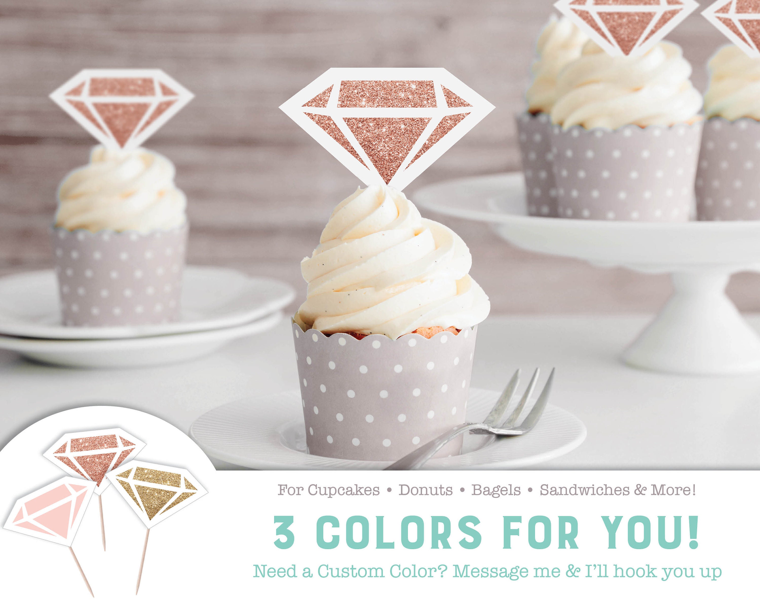 Printable Diamond Cupcake Toppers 3 Colors Blush Gold & | Etsy