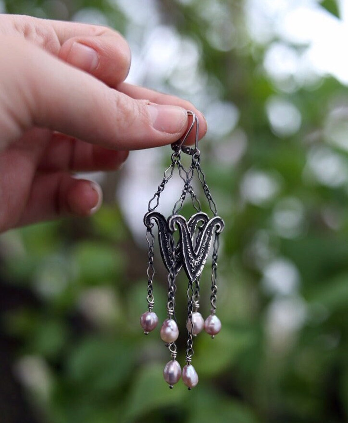 Penelope | Handmade Sterling Silver and Mauve Pink Pearls Chandelier ...