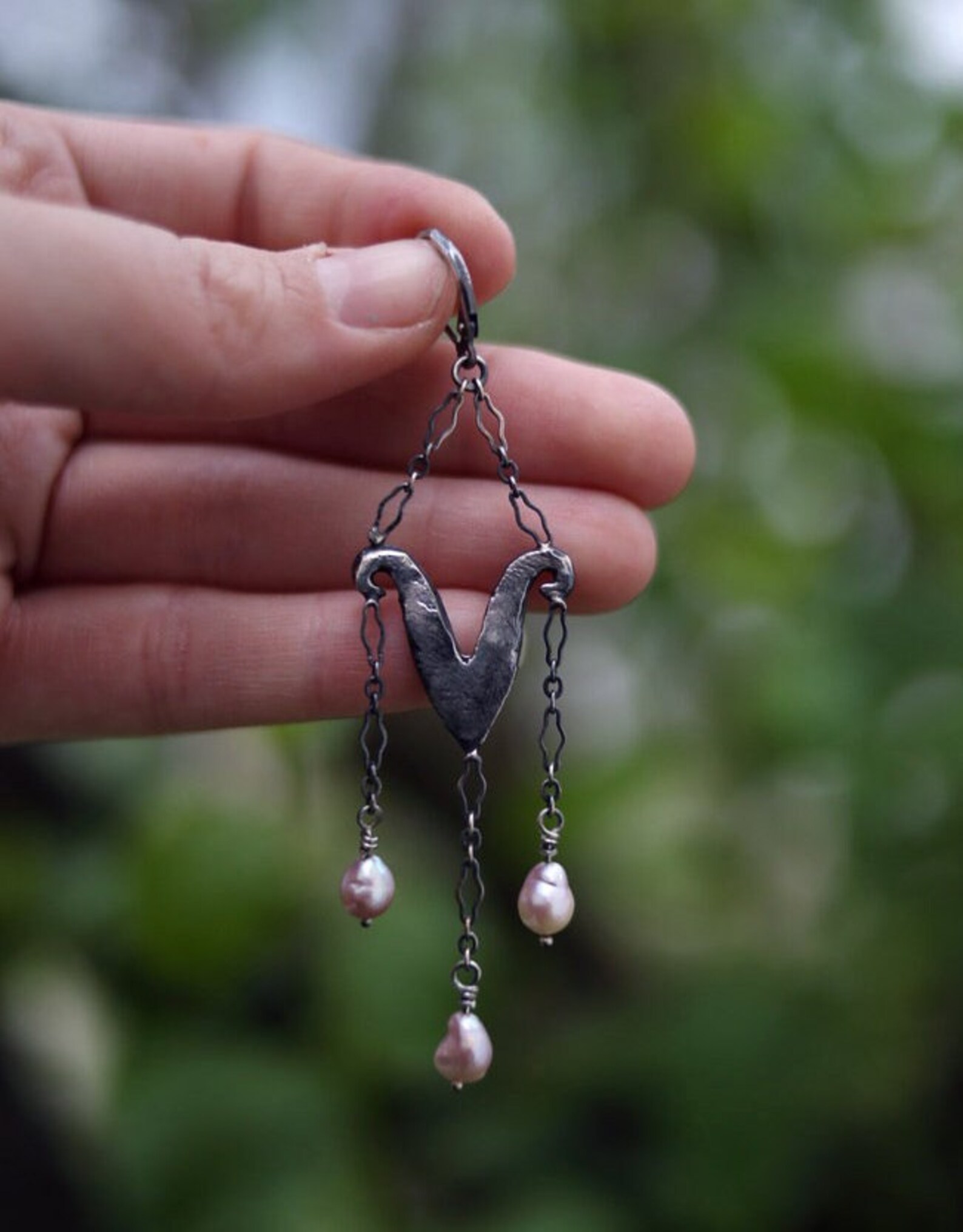 Penelope | Handmade Sterling Silver and Mauve Pink Pearls Chandelier ...