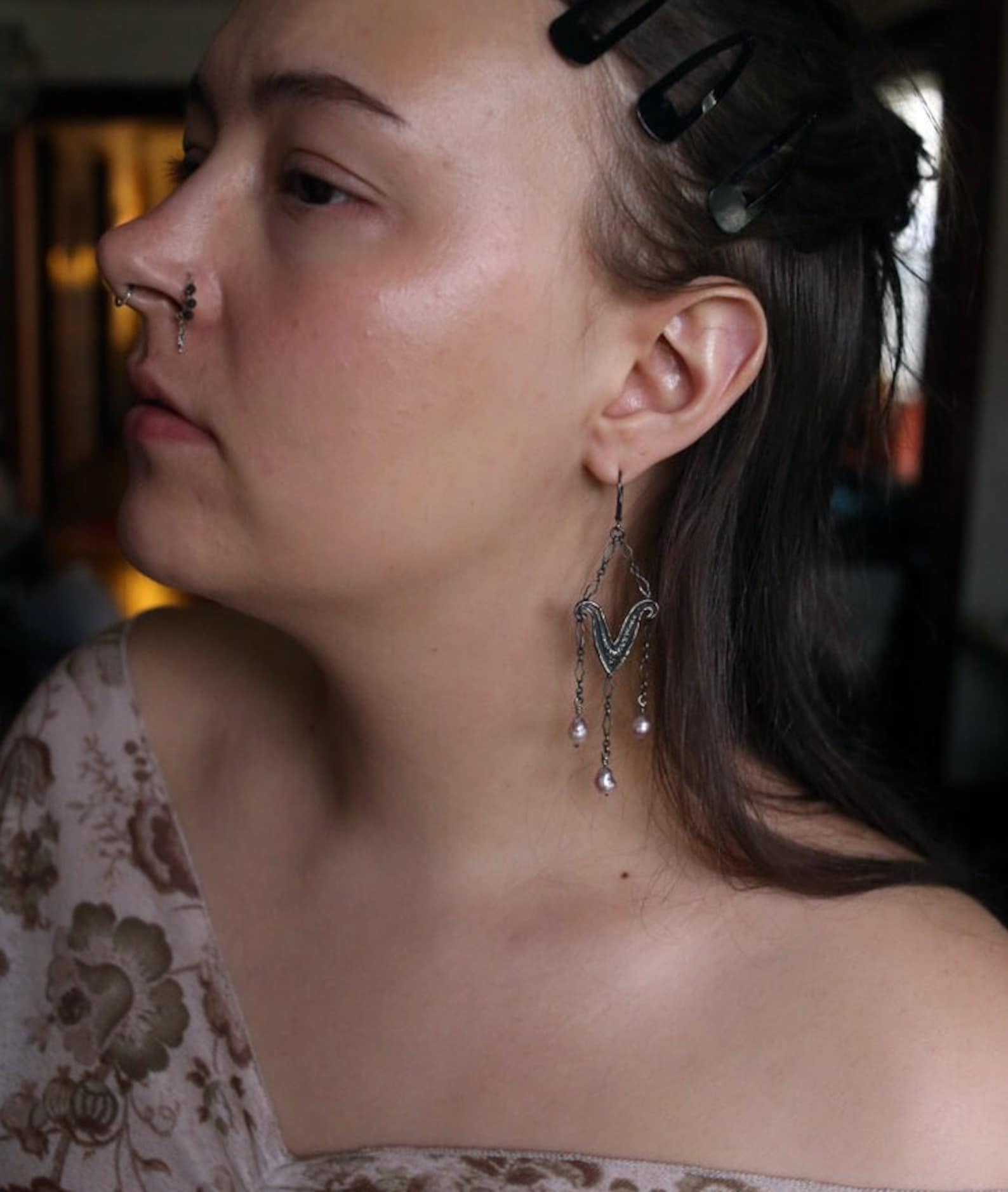 Penelope Handmade Sterling Silver and Mauve Pink Pearls Chandelier Earrings Gothic, Witchy ...